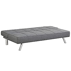 Walnut Convertible Futon Grey Linen Fabric Sofa Bed Adjustable Sleeper with Stainless Steel Legs