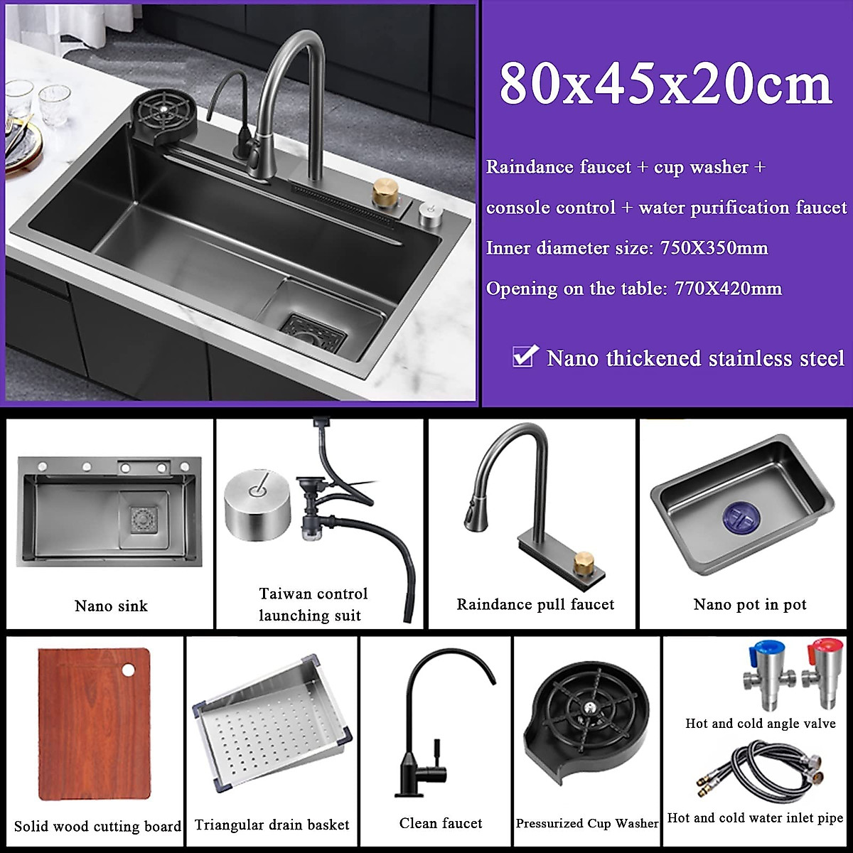 Kitchen Sink 304 Stainless Steel Nano Raindance Waterfall Home Vegetable Basin Single Sink Workstation With Pull-Out Faucet, Pressurized Cup Washer1