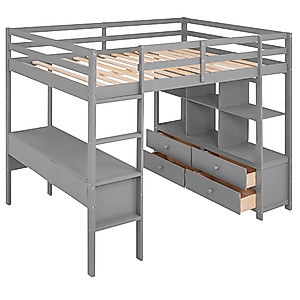 Bellemave Full Loft Bed with Desk and Storage Drawers Wood Beds Frame Bookcase Shelves for Dorm Bedroom Size Bunk Kids Adults Boys Girls Teens, Gray