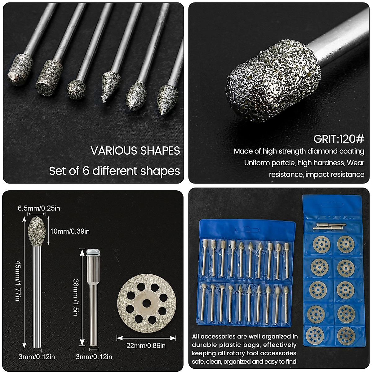 Diamond Burr Set for Dremel, Rotary Tool Grinding Cutting Wheel Stone Glass Tile Jewelry Engraving Rock Etching Masonry 1/8” Die Grinder Carving Cutter Metal Engraver Kit - 32pc Set