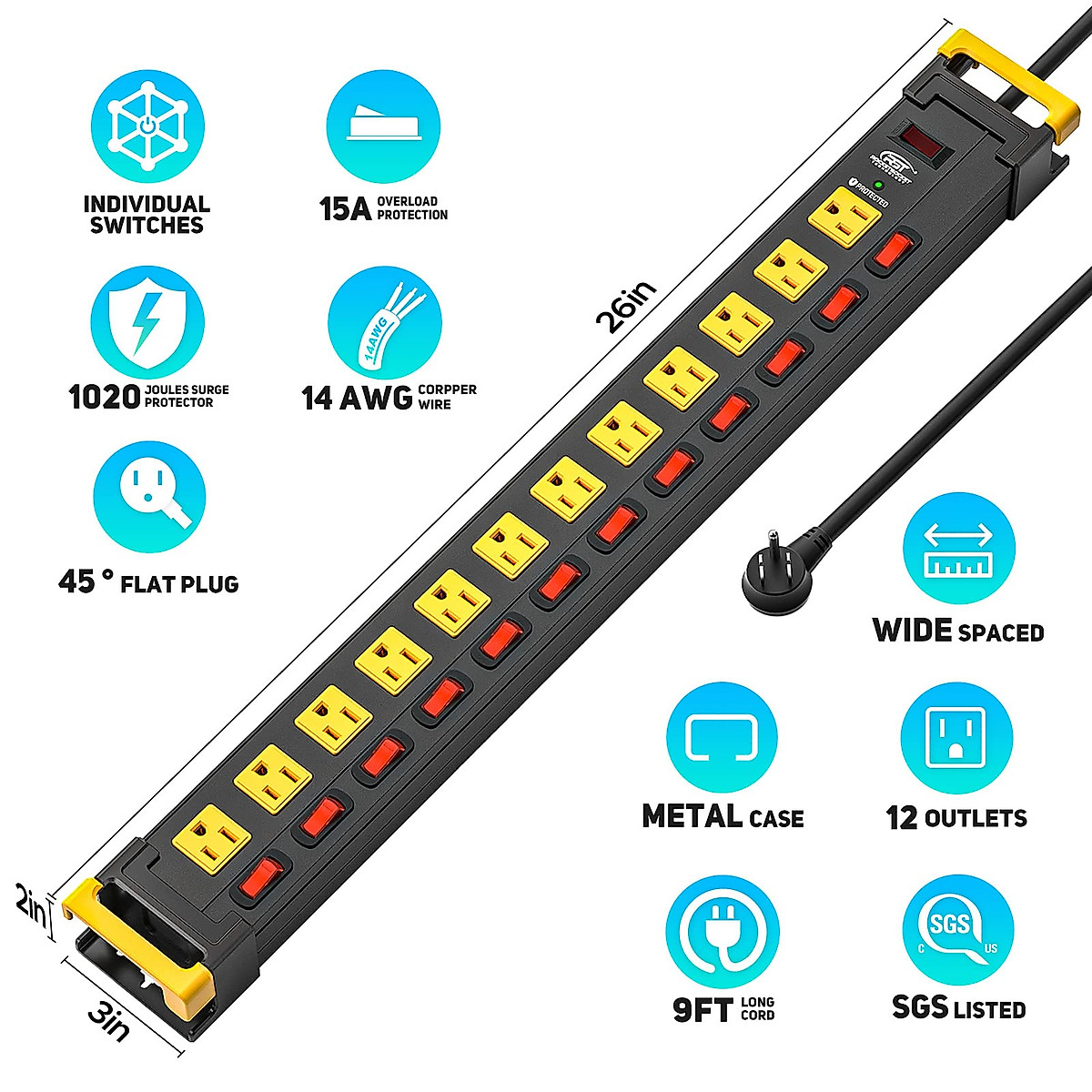 CRST 12 Outlets Heavy Duty Power Strip Surge Protector with Individual Switches, Metal Mountable Power Strip with Cord Manager, 9FT, 1020J, 15A/1875W (Black+Yellow) for Garage, Workshop, Shop, Home