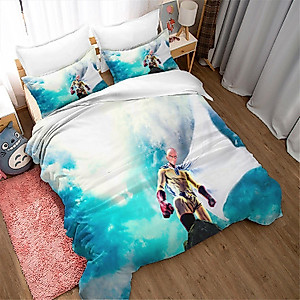 NICHIYOBI Punch Hero Anime Saitama Bareheaded Duvet Cover Set 3D Bedding Comforter Cover 3 Pcs (1 Duvet Cover+2 Pillowcases) Bedding Set (10,Twin-68x86in+20x30in*2)
