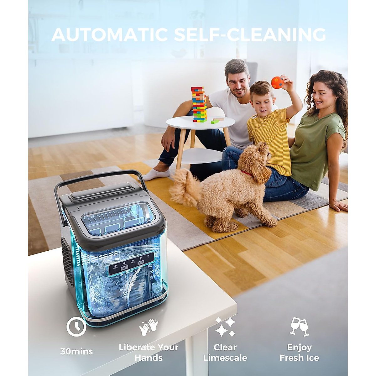 ecozy Countertop Ice Maker, Portable Ice Maker with Self-Cleaning, 9 Bullet Ice Cubes in 6 Mins, 26lbs/24Hrs, Ice Maker Machine with Ice Bags, Handle, Standing Scoop and Basket, Black