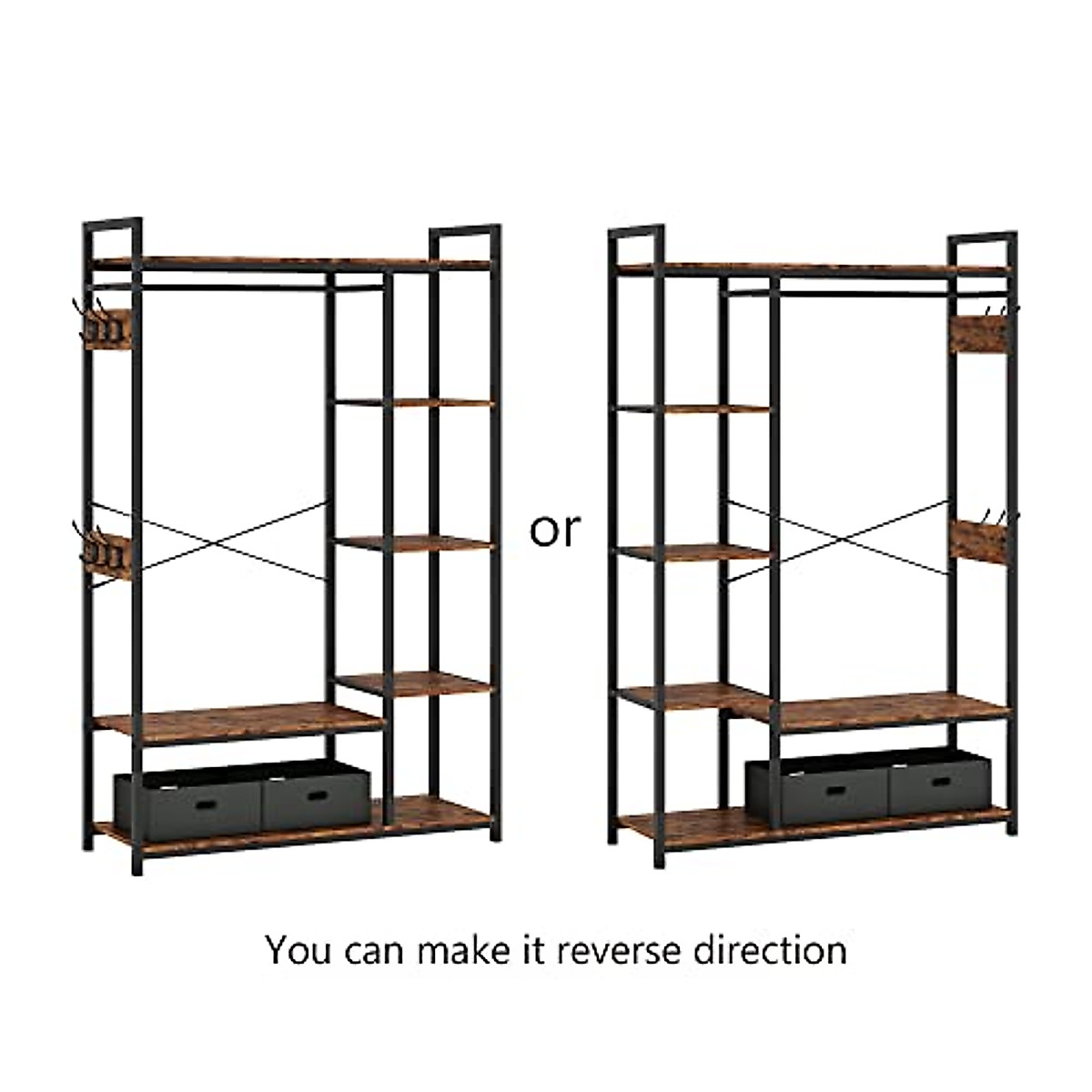 Free Standing Closet Organizer with Storage Box & Side Hook, Portable Garment Rack with 6 Heavy Duty Shelves and Hanging Rod, Black Metal Frame Hanging Closet Shelves - Rustic Brown