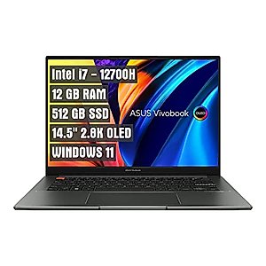 Asus 14.5'' OLED VivoBook Intel Evo Platform Laptop - 12th Gen Core i7-12700H 2880 x 1800 Display 120HZ -12GB DDR4 RAM 512GB PCIe® NVMe™ M.2 4.0 Solid State Drive Windows 11 Midnight Black