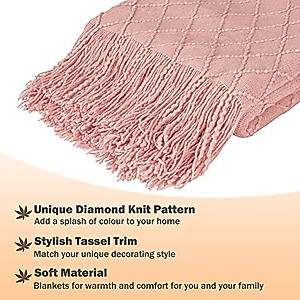Catalonia Pink Knitted Throw Blanket for Couch, Decorative Blanket with Fringe, Acrylic Leisure Blanket for Bed, Sofa, Living Room | All Seasons, Lightweight, Cozy, Solid Color | 50×60 inches