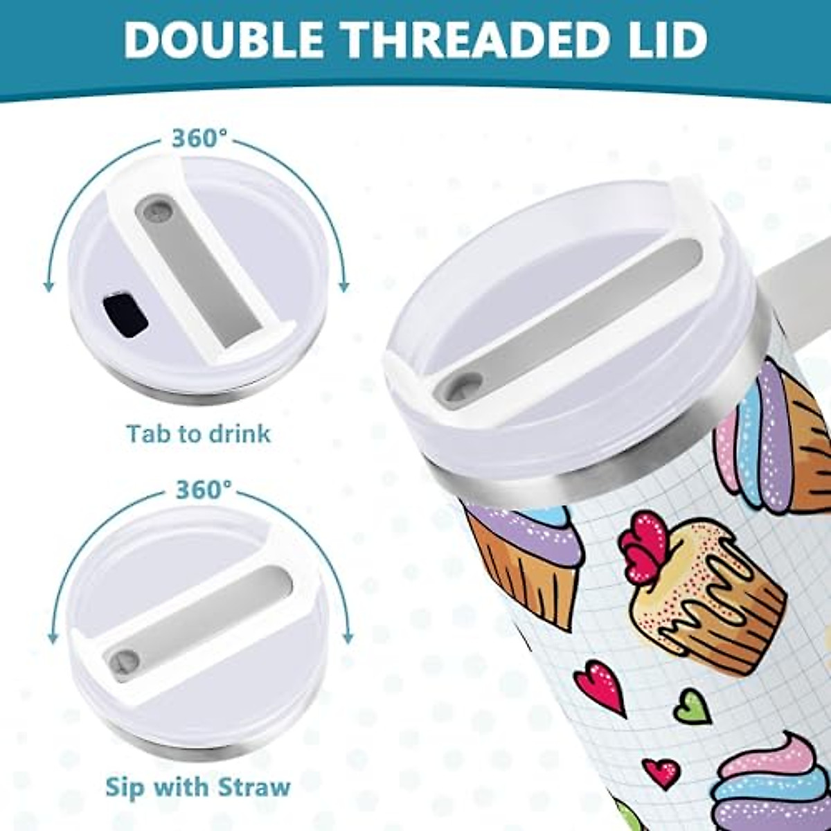 ARGTILDN 30 oz Tumbler Cupcakes Cakes Hearts Insulated Travel Mug with Handle and Straw Lid Stainless Steel Vacuum Coffee Cup Tea Beverage Container Water Bottles for Car Sports office