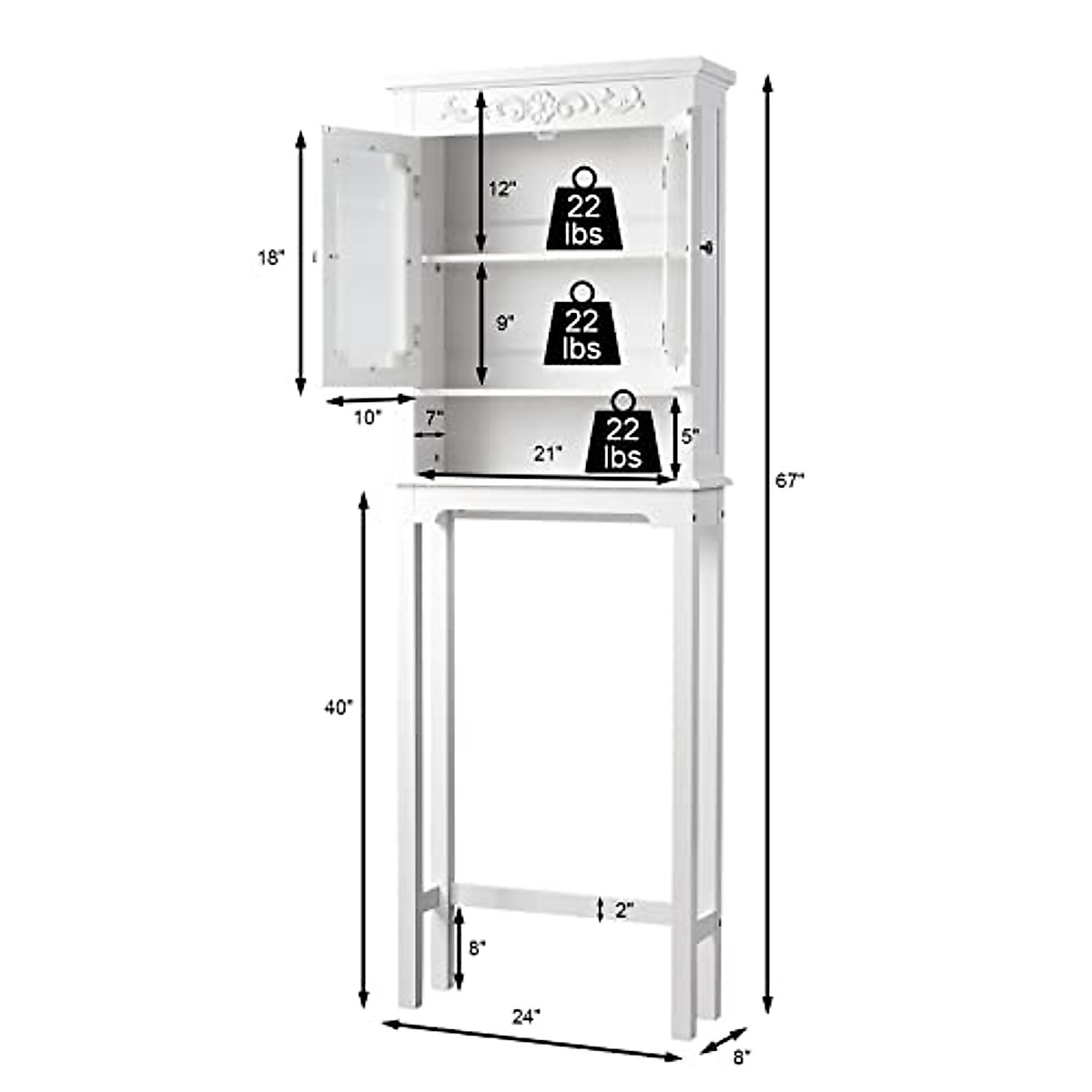 Giantex Over The Toilet Bathroom Space Saver, 3-Shelf Bathroom Organizer, Free Standing Toilet Rack with Adjustable Inner Shelf Bathroom Storage Cabinet (White)