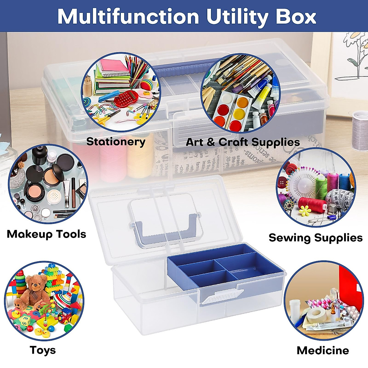 2 Layer Plastic Dividing Storage Box with Removable Tray, Portable Stationery Storage Container with Handle, Multipurpose Sewing Box, Art Craft Supply Organizer for Crayon Cosmetic Tackle Medicine