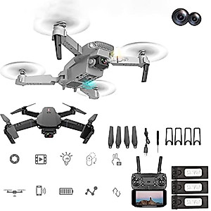Dual 1080P HD Cam Drone With Altitude Hold, Headless Mode, One Key Start, 3-Speed Adjustment & Trajectory Flight. RC Toys Gift For Child 15 Mins Fly Time. For Beginners & Experienced Pilots. (Black)