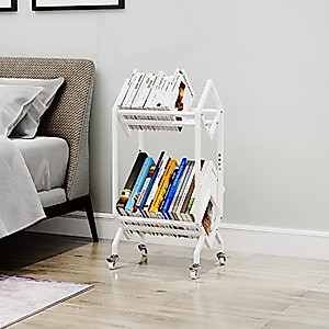 VEDECASA Bookshelf Book Cart Rack Industrial Metal Bookcase 2 Tier Holder with Wheels Modern Stylish Design Magazines Files Album Recipe Book Storage Organizer for Sofa End Bed Beside