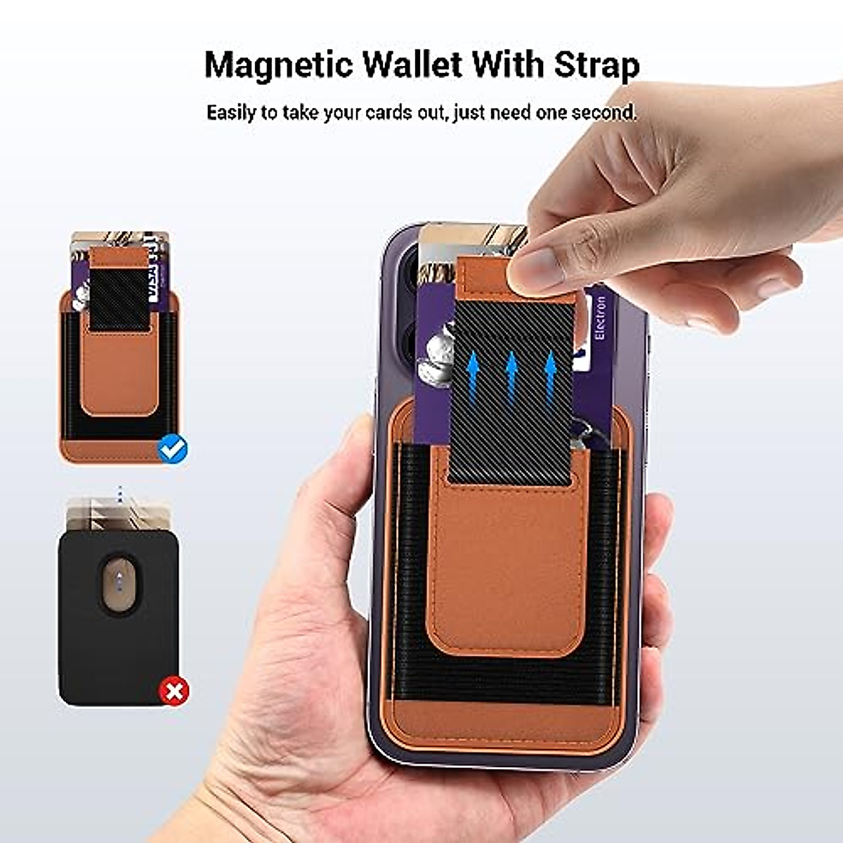 Alfuvcona Magnetic Card Wallet Holder for MagSafe Card Wallet with Strap Leather Wallet for iPhone 15/14/ 13/12 Series Phone Wallet Compatible with Apple Magsafe - Hold 7-8 Cards, Brown