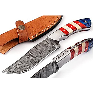 sharp knives Damascus hunting Knife With Leather Sheath- Best Damascus Steel American Flag Hunting Knife 703AF