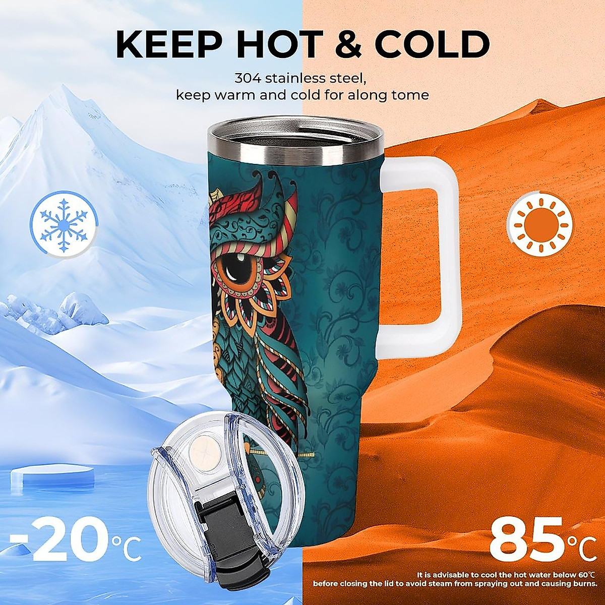 Niapessel Leak Proof Tumbler, Insulated Water Bottles with Straw, Owl Ethnic Insulated Cup with Handle 40 Oz Stainless Steel Flask for School, Travel, Car, Sports, Work