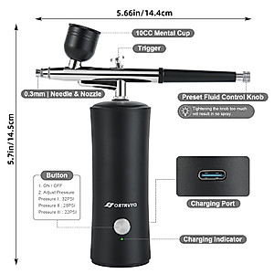 ORTRVYQ Airbrush Kit, Rechargeable Cordless Airbrush Compressor 0.3mm Nozzle 32PSI High Pressure Air Brush Set for Cake Decor, Barber, Tattoo, Nail Art, Makeup, Model Painting Black