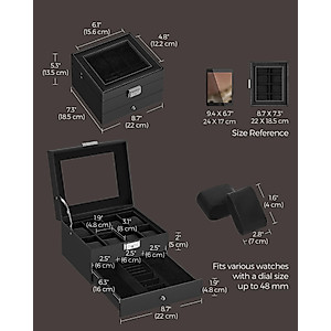 SONGMICS 8-Slot Watch Box, Lockable Watch Case with Glass Lid, 2 Layers, with 1 Drawer for Rings, Bracelets, Gift Idea, Black Synthetic Leather, Black Lining UJWB080B01