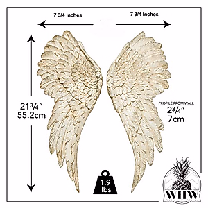 WHW Whole House Worlds Grand Tour Angel Wings, Vintage Style, Set of 2, Antique White, Artisinal Design, Hand Crafted, Bas Relief Sculptures, 21.75 Inches Tall