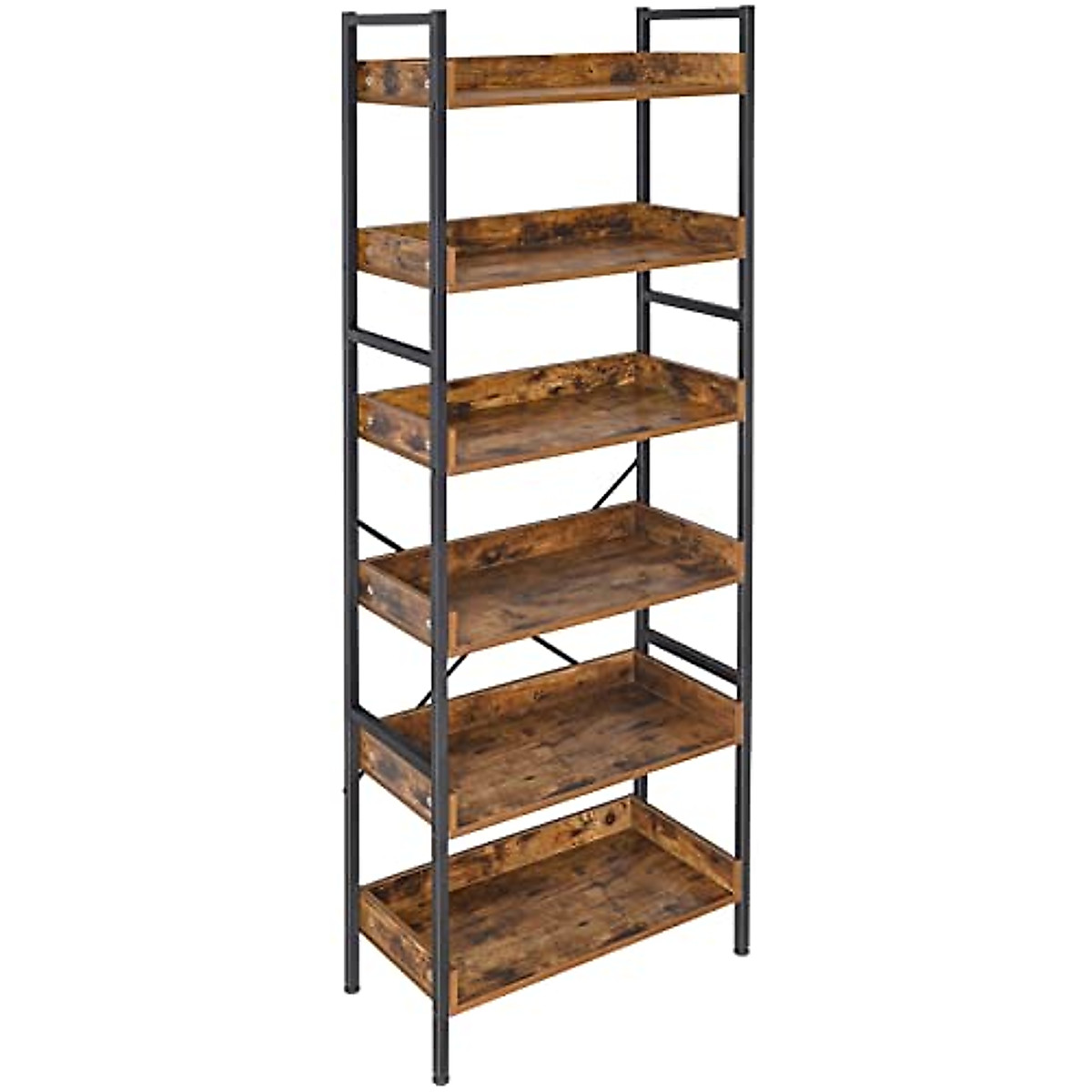 RokiaTek Bookshelf Bookcase 6-Tier Storage Rack with Open Shelves, Vintage Standing Bookshelves Metal Frame Industrial Display Rack for Living Room Bedroom, Rustic Brown and Matte Black