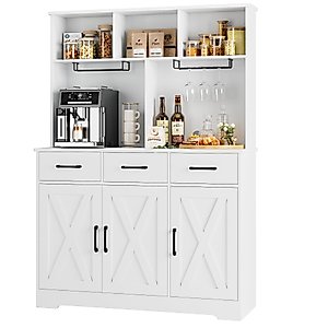 HOSTACK Buffet Cabinet with Hutch, Modern Farmhouse Kitchen Buffet Sideboard Storage Cabinet with 3 Drawers, Barn Door Coffee Bar Station, Liquor Cabinet for Dining Room, Living Room, White