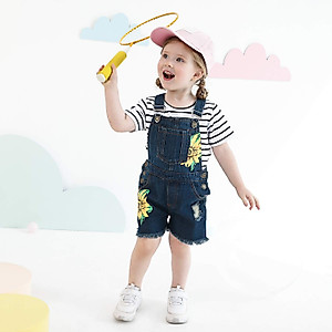 HINTINA Baby & Toddler Girls Big Bibs Overalls Ripped Hole Summer Sunflowers Jumpsuit Boyfriend Jeans Denim Romper Shortalls 2-3T