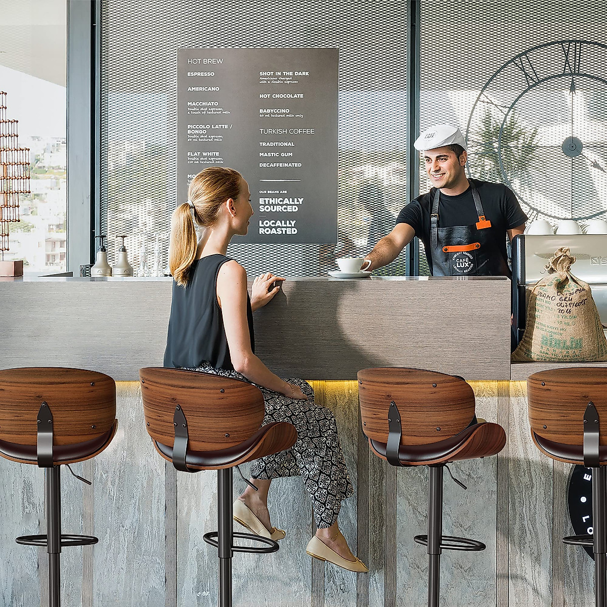 YaFiti Bar Stools Set of 4, Modern Pu Leather Swivel Adjustable Bar Stool Counter Height Stool Set, Bar Chair with Back and Footrest for Kitchen, Dining Room, Brown