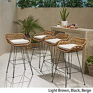 Great Deal Furniture Candance Outdoor Wicker Barstools with Cushions (Set of 4), Light Brown and Beige