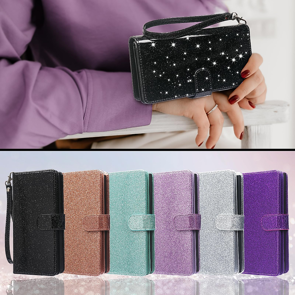 Varikke for iPhone 15 Pro Max Wallet Case Detachable with Card Holder for Women, Fashion Glitter PU Leather Strap Magnetic Flip Wallet Removable Phone Case Cover for iPhone 15 Pro Max 6.7", Black