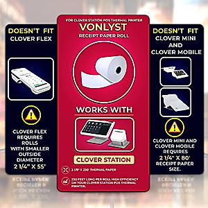 Vonlyst Thermal Receipt Paper Rolls 3 1/8" x 230' for Clover Station (12 rolls)