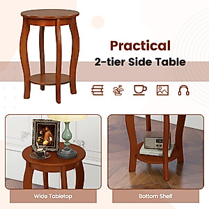 Giantex 2-Tier Round End Table, Narrow Tiered Telephone Table with Storage Shelf, Solid Wood Legs, Modern Sofa Side Table Nightstand for Living Room, Bedroom, Small Space, Walnut (2, Round)