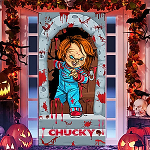 Halloween Decorations Horror Movie Character Chucky Door Cover Scary Halloween Front Door Banner for Halloween Home Decor Birthday Party Supplies