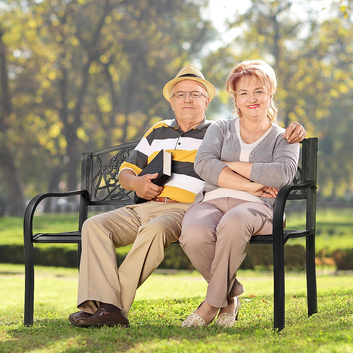 VIVOHOME 50 Inch Outdoor Garden Bench Cast Iron Metal Frame Patio Park Benches for Porch Yard Lawn with Pattern Backrest