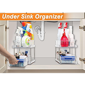 JUPELI Clear Bathroom Organizer, 2 Tier Pull Out Kitchen Closet Undersink Organization and Storage Bins, Convenient and Durable Cabinet Organizer for Snack Spice Jar Medicine and Cosmetics, 2pack