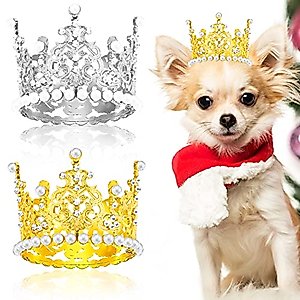 2 PCS Crown Hat for Dogs Cat Crown Headband Pets Crown Birthday Hat Dog Birthday Party Supplies Decoration Dog Rhinestone Faux Pearl Crown for Pets Costume Hair Accessories