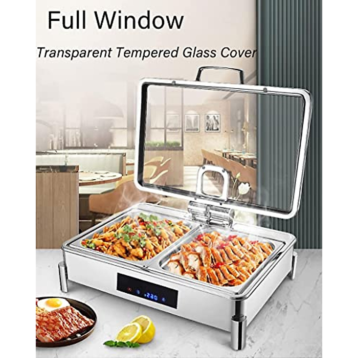 UZOURI 6 Qt Stainless Steel Chafing Dishes Silver Electro-Thermal Chafer Warmer Set with Touch Screen, Chafing Dishes Buffet for Wedding Kitchen Party Banquet Dining,B (B)