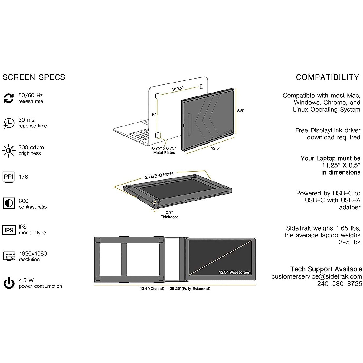 SideTrak Slide Portable Monitor for Laptop 12.5" FHD 1080P IPS Attachable Laptop Screen | Efficient USB Power | Compatible with Mac & Chrome 13" -17" Laptops (Patent Pending) | Black