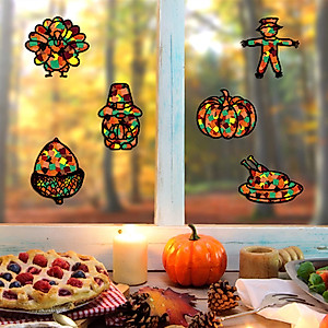 Gueevin 18 Sets Thanksgiving Stained Glass Effect Paper Suncatchers Thanksgiving Suncatcher Kit DIY Suncatcher Paper with tissue paper and glue sticks for Children Window Classroom Arts and Crafts