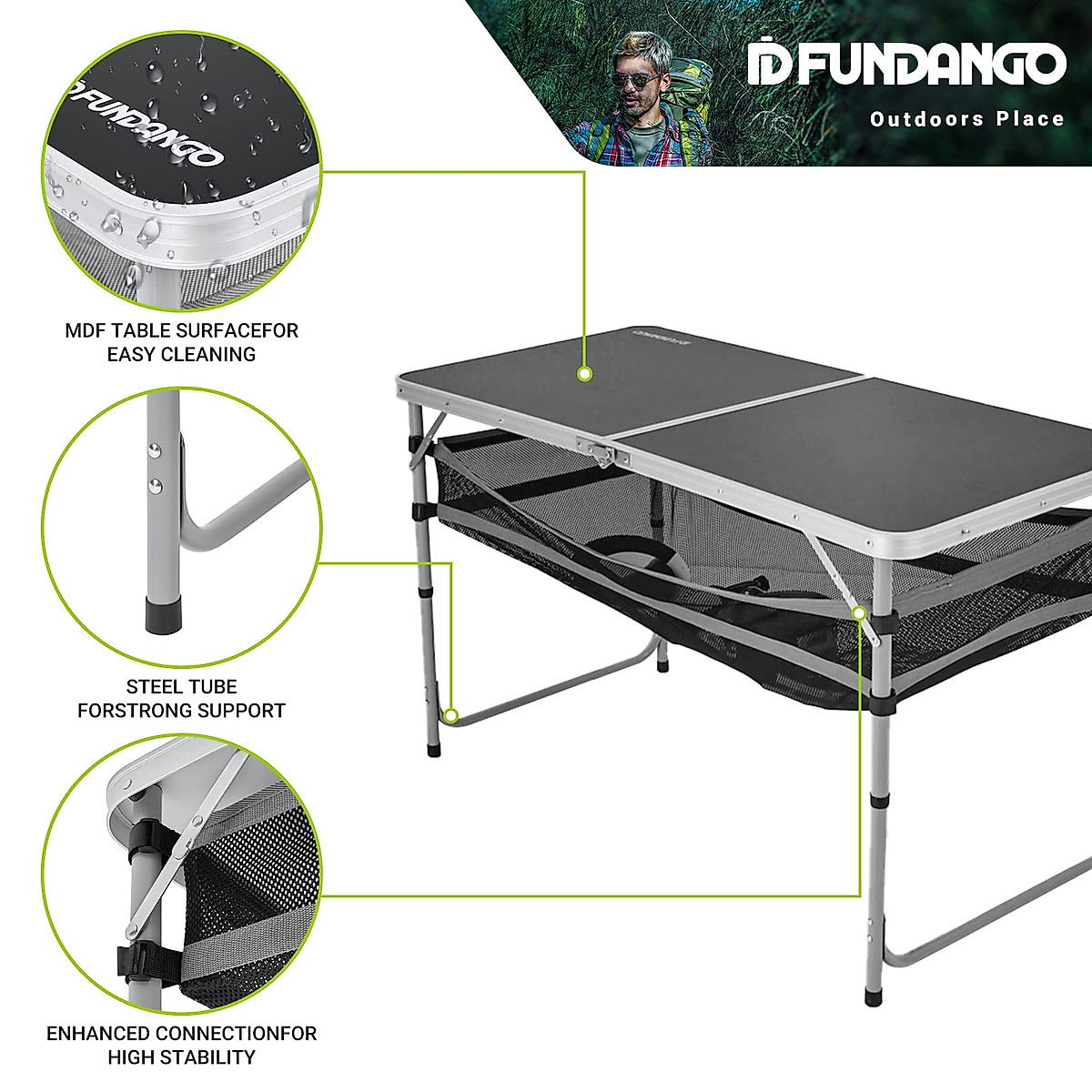 FUNDANGO Height Adjustable Portable Lightweight Folding Camping Table with Layer Mesh Storage Fold Up Foldable Collasible with Handle for Outdoor, Indoor, Beach, BBQ, Picnic,Travel