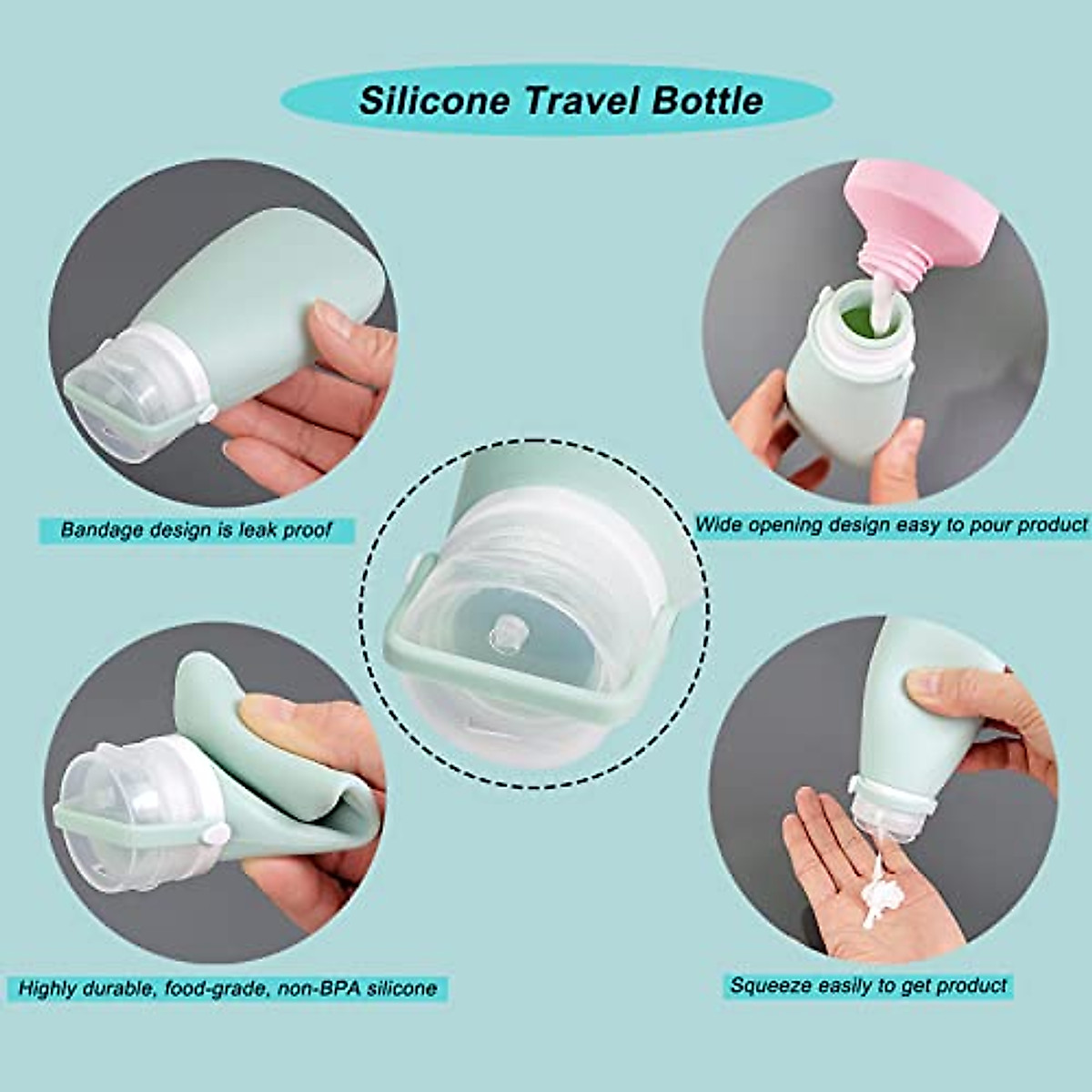 Noideeer 18 Pcs Travel Bottles for Toiletries Gym TSA Approved, Leak Proof with Bandage Silicone Squeezable 3oz for Toner Shampoo Conditioner Lotion Body Wash with Toothbrush Cover Tag and Wash Bag