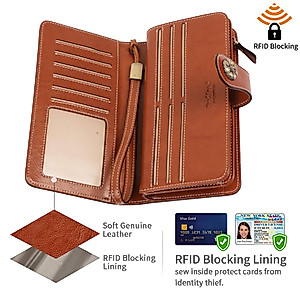 Pearl Angeli Women Wallet Genuine Leather Charming Ladies Wristlet Tri-fold Rfid Blocking Credit Card Holder Organizer Clutch（Brown）