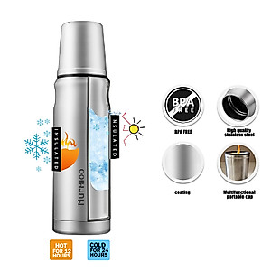 Murmioo travel vacuum flask，stainless steel insulated bottle, built-in cap cup, cold for 24 hours, heat for 12 hours, BPA Free leak proof, sweat free 17oz/500ml Gray