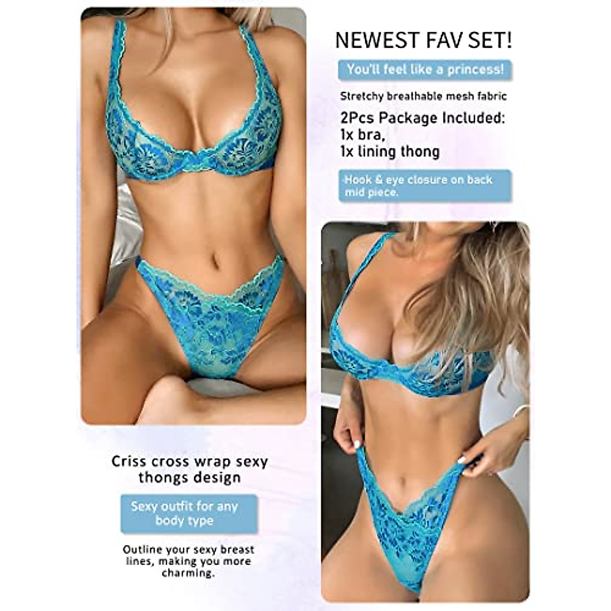 Dlsave Women's Sexy Exotic Lace 2 Piece Lingerie Set Sexy Floral Underwired Bra and Panty Sets Blue