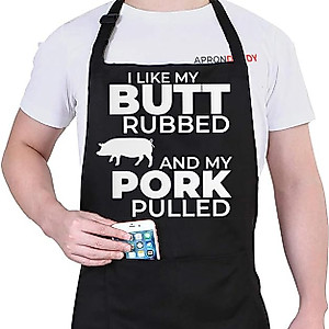 Funny Apron for Men - I Like My Butt Rubbed And My Pork Pulled - Adjustable Large 1 Size Fits All - Poly/Cotton Apron with 2 Pockets - BBQ Gift Apron for Father, Husband, Chef