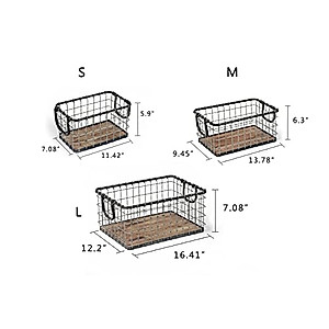 Rectangular Hand Welded Farmhouse Metal Baskets In Set Of 3 with Rustic Wooden Bottom. Large one:16.14"X12.2'X7.08"H, Study and Sutitable For Laundry, Towel, Spice Rack, Storage, Tool Box, Picnic