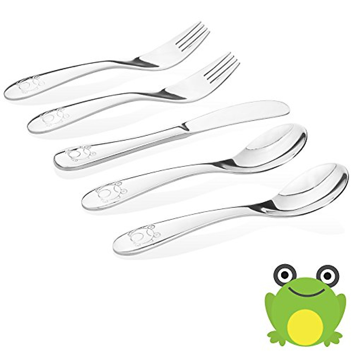 Kiddobloom Kids Stainless Steel Utensil Set, High Grade Stainless #304 (18/8), Frog Model, Set of 5 (2 Spoons, 2 Forks, and 1 Butter Knife) Safe Flatware/Silverware/Cutlery for Toddler and Kids.