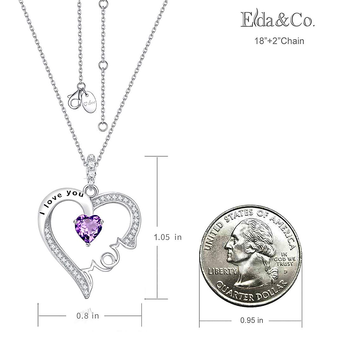 Sterling Silver Necklace for Mom Birthday Gifts Amethyst Jewelry I Love You Mom Love Heart Pendant Necklace for Mother