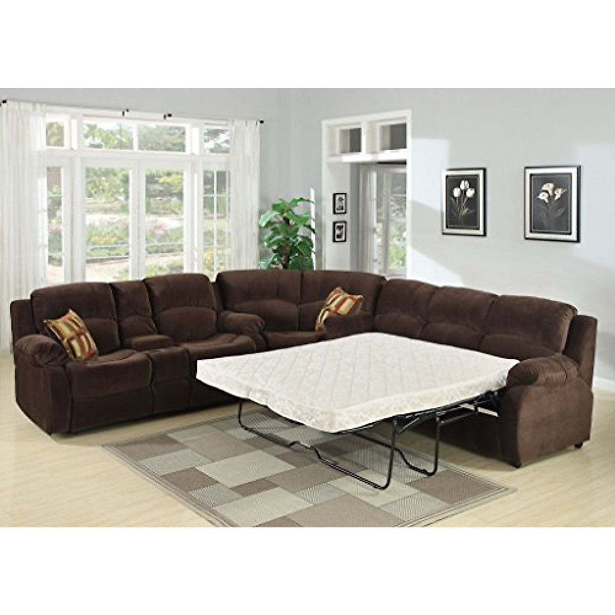 AC Pacific Tracey Collection Contemporary 3-Piece Tufted Living Room Set with Sectional, Queen Sofa Bed, and Reclining Loveseat with Storage Console and Cup Holders, Chocolate