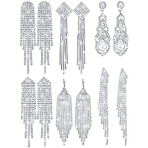 6 Pairs Rhinestone Earrings Chandelier Earrings Women Dangling Crystal Fringe Long Tassel Earrings for Bride Girls Jewelry for Wedding Dinner Party Gift (Stylish Style)