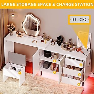DWVO 360° Rotatable Computer Desk with Power Outlets & LED Lights, Corner Computer Desk with Drawers, Home Office Desk with Fluted Panel Doors, Extensible from 47.2" to 91.2"
