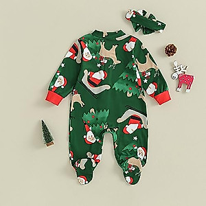 Mialoley Infant Baby Christmas Jumpsuit Long Sleeve V Neck Zipper Front Romper Bowknot Headband Spring Fall Winter Casual (Green, 6-9 Months)