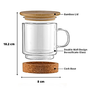 GOOD ROSS. Coffee clear mug 250ML. Borosilicate Glass. Double wall insulation, Cork bottom. Spill Proof bamboo Lid. Microwave, Dishwasher Safe. Lightweight